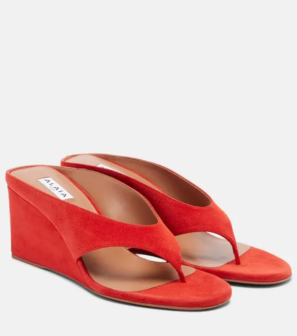 Alaïa Cube Suede Wedge Thong Sandals - Orange