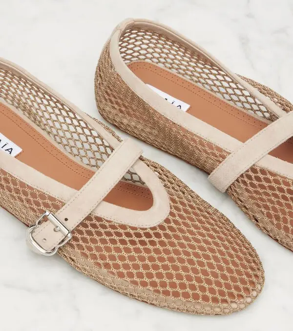 Alaïa Suede-trimmed Fishnet Ballet Flats - Beige