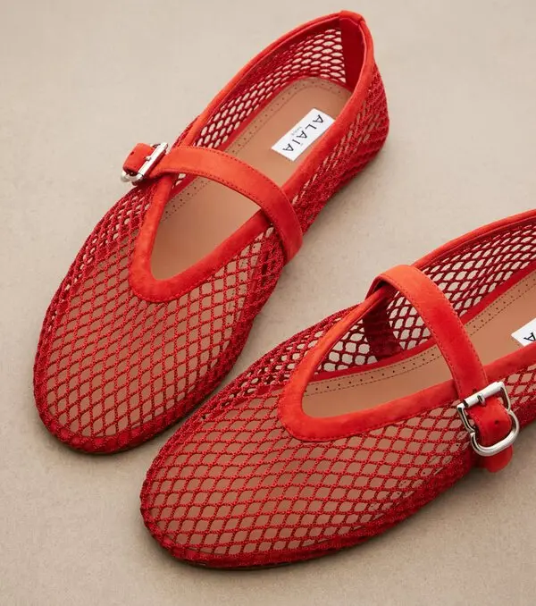 Alaïa Suede-trimmed Fishnet Ballet Flats - Red