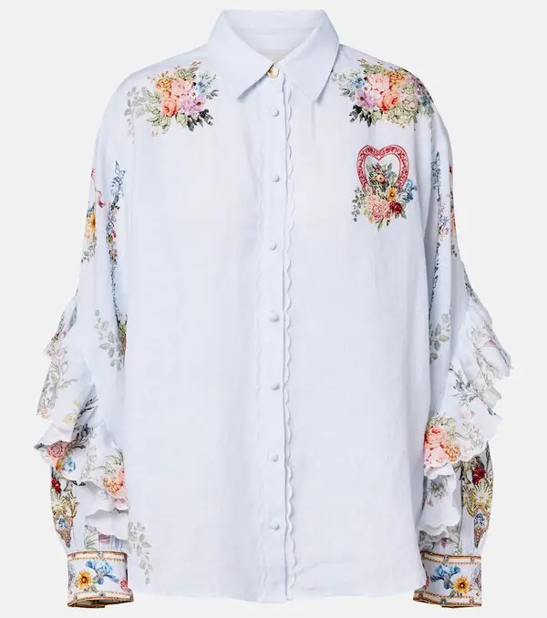 Camilla Floral Linen Shirt - Blue