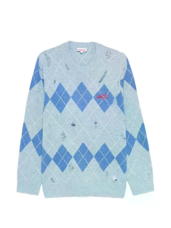 CHARLES JEFFREY Argyle-pattern Distressed Sweater - Blue