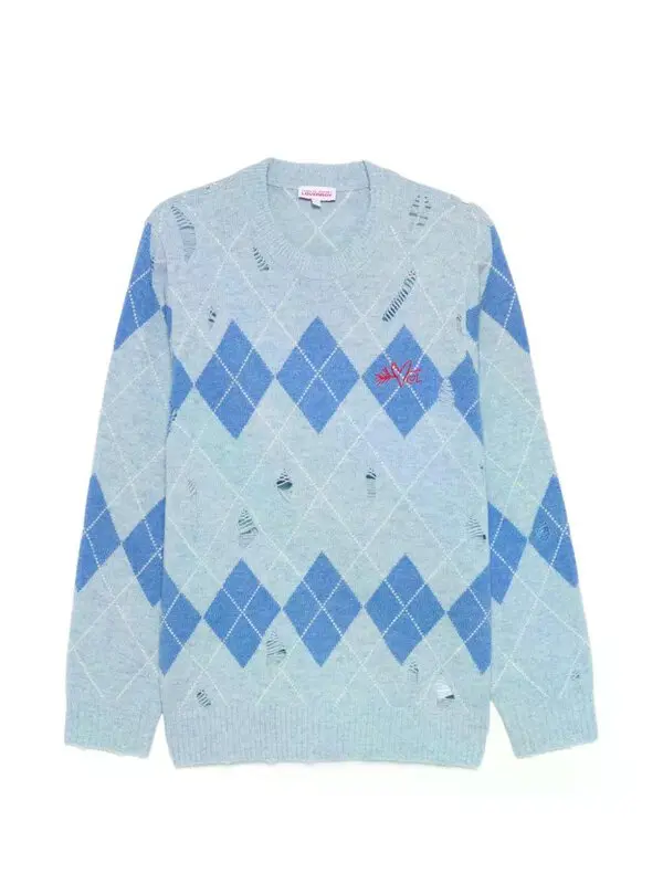 CHARLES JEFFREY Argyle-pattern Distressed Sweater - Blue
