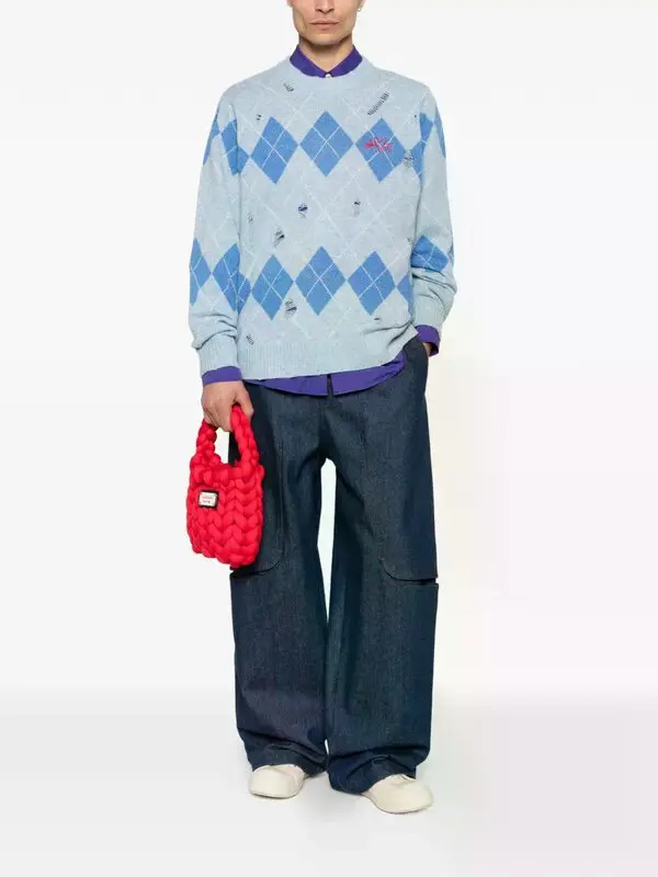 CHARLES JEFFREY Argyle-pattern Distressed Sweater - Blue