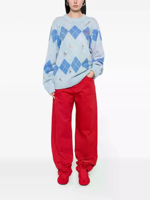 CHARLES JEFFREY Argyle-pattern Distressed Sweater - Blue