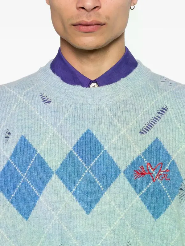 CHARLES JEFFREY Argyle-pattern Distressed Sweater - Blue