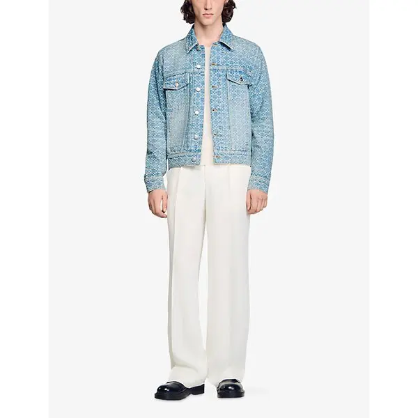 Sandro Square-pattern Denim Trucker Jacket - Sky Blue