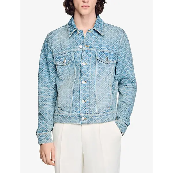 Sandro Square-pattern Denim Trucker Jacket - Sky Blue