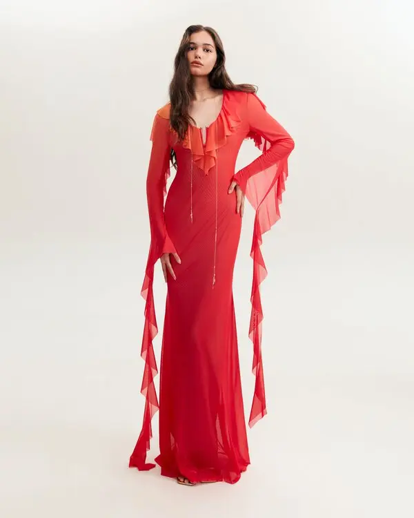 MILLA Chiffon Maxi Dress With Fluted Trims
