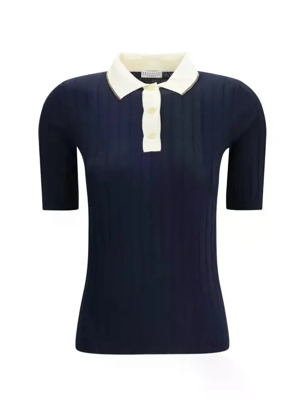 Brunello Cucinelli Ribbed Knit Button Polo Top