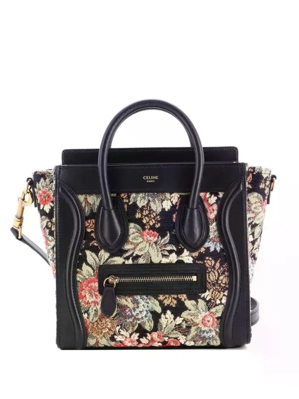 Celine Luggage Bag Printed Jacquard And Leather Nano Satchel - Black