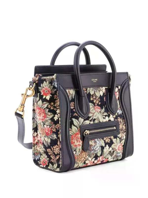 Celine Luggage Bag Printed Jacquard And Leather Nano Satchel - Black