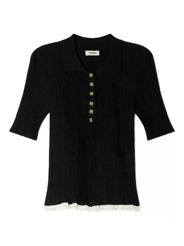 Sandro Knit Polo Top With Button Detail - Black
