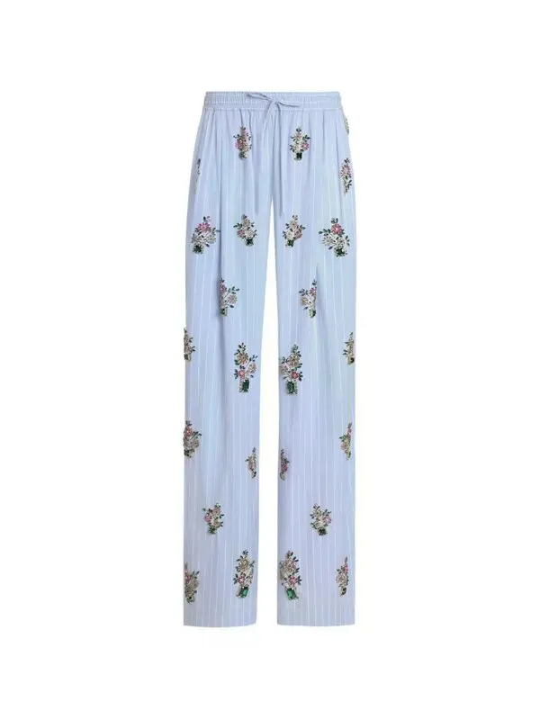 Dolce & Gabbana Striped Poplin Trousers With Crystal Flower Embroidery - Blue