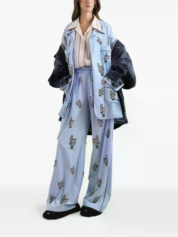 Dolce & Gabbana Striped Poplin Trousers With Crystal Flower Embroidery - Blue
