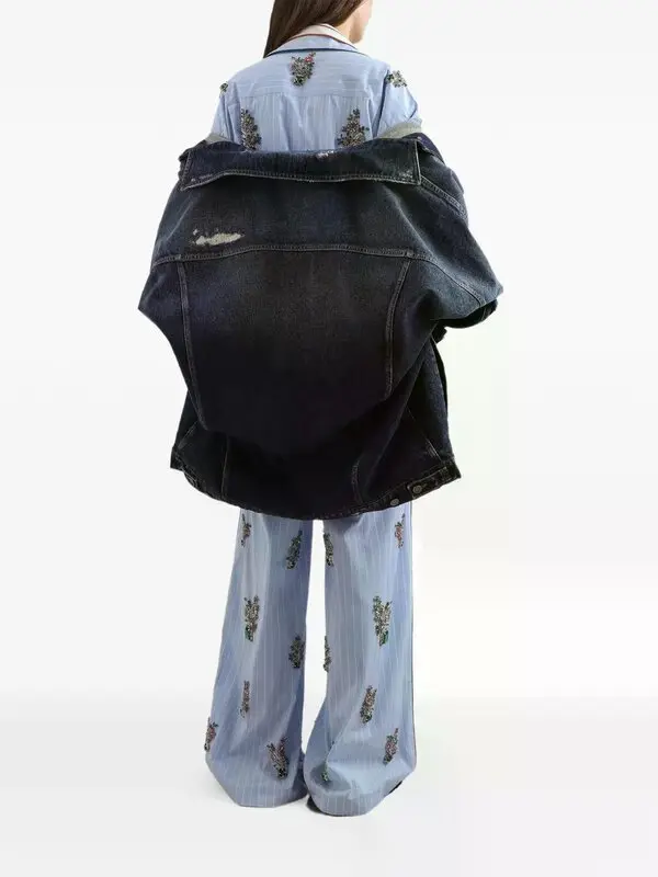Dolce & Gabbana Striped Poplin Trousers With Crystal Flower Embroidery - Blue