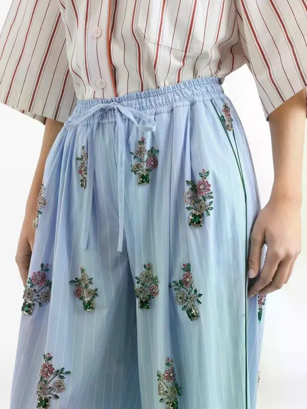 Dolce & Gabbana Striped Poplin Trousers With Crystal Flower Embroidery - Blue