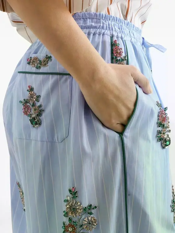 Dolce & Gabbana Striped Poplin Trousers With Crystal Flower Embroidery - Blue