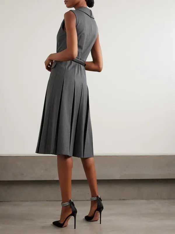 Self-Portrait Belted Pleated Leather-Trimmed Wool-Blend Midi Dress - Gray |  Editorialist