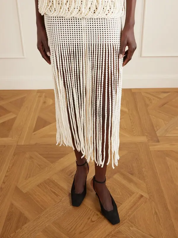 Alaïa Knitted Fringed Midi Skirt - White