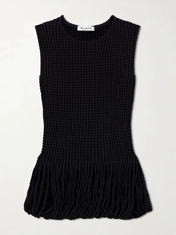 Alaïa Open-knit Top With Fringe Detailing - Black