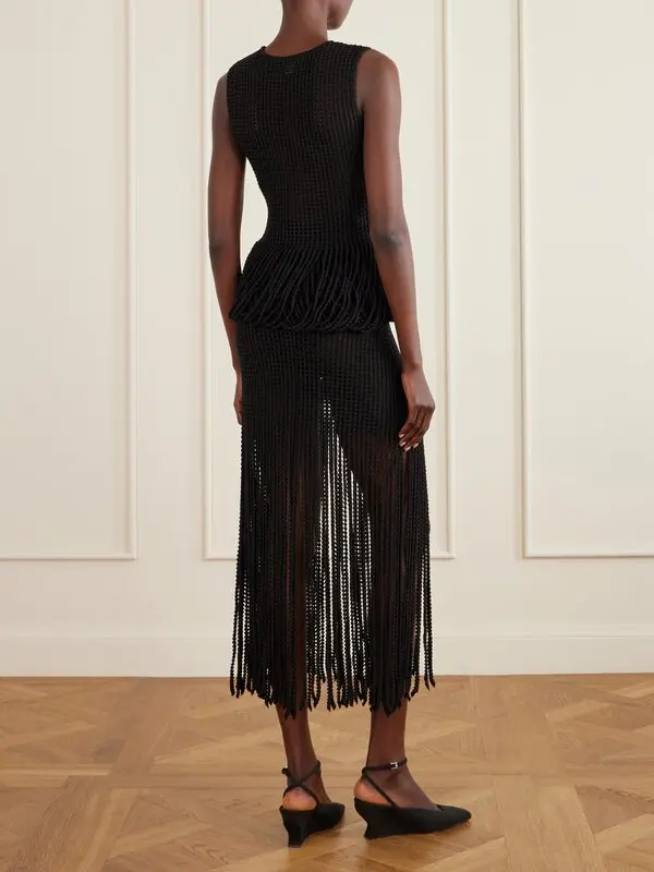 Alaïa Knitted Fringed Midi Skirt - Black