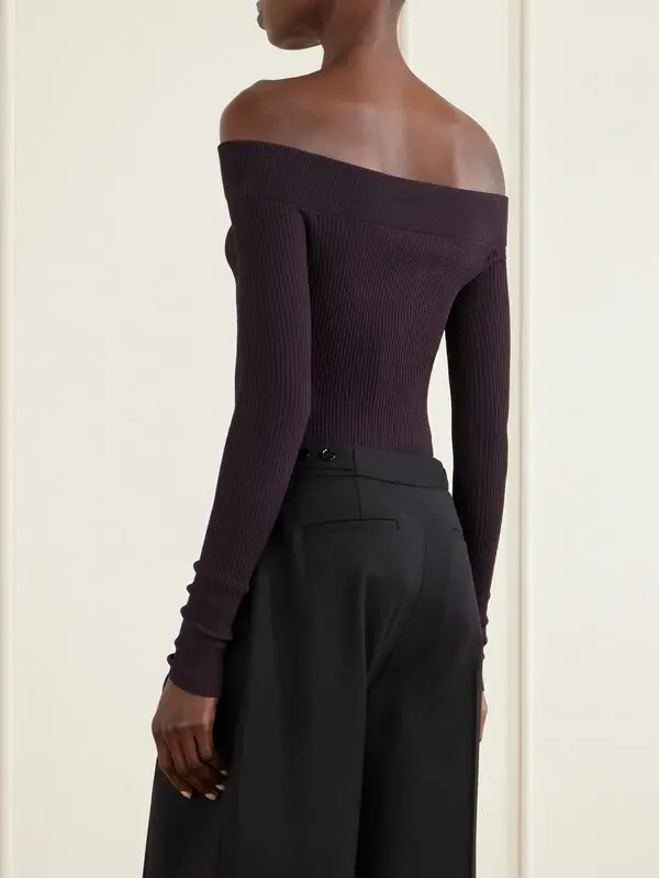 Alaïa Off-the-shoulder Ribbed-knit Bodysuit - Purple