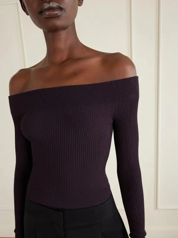 Alaïa Off-the-shoulder Ribbed-knit Bodysuit - Purple