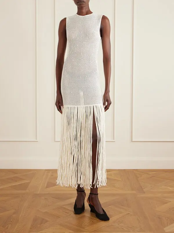 Alaïa Fringed Open-knit Midi Dress - White