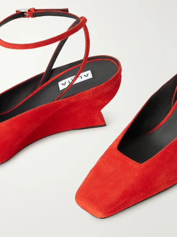 Alaïa Suede Wedge Pumps With Ankle Tie - Orange