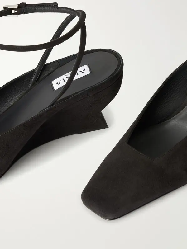 Alaïa Suede Wedge Pumps With Ankle Straps - Black