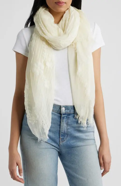 Treasure & Bond Floral Embroidered Gauze Fringe Scarf - Ivory Egret