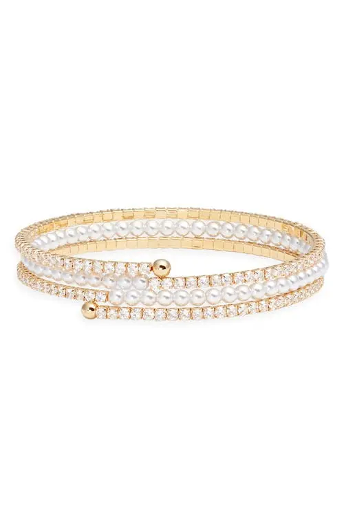 Nordstrom Faux Pearl & Cubic Zirconia Coil Wrap Bracelet - Clear- White- Gold