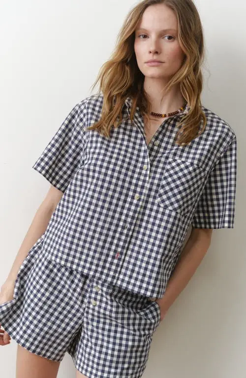 Marine Layer Bonnie Gingham Pima Cotton Poplin Shirt - Navy/white Gingham
