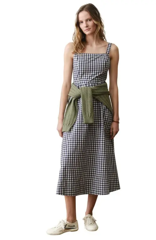 Marine Layer Gingham Pima Cotton Poplin Midi Dress - Navy Gingham