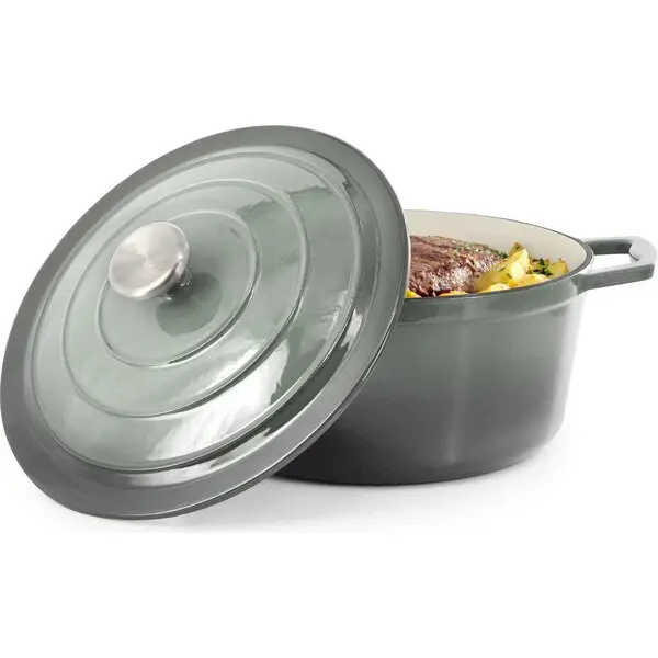 MEGACHEF 5 Quarts Round Enameled Cast Iron Casserole With Lid - Gray