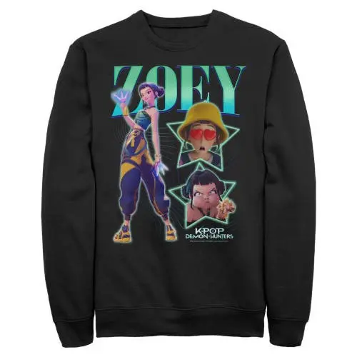 KPOP DEMON HUNTERS Zoey Super Star Logo Long Sleeve Crewneck Sweatshirt - Black