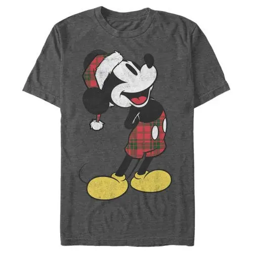 MICKEY & FRIENDS Christmas Plaid Distressed Portrait Short Sleeve Graphic T-shirt - Charcoal Heather