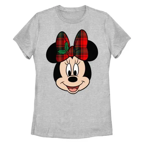 MICKEY & FRIENDS Christmas Minnie Mouse Holly Plaid Bow Graphic T-shirt - Athletic Heather
