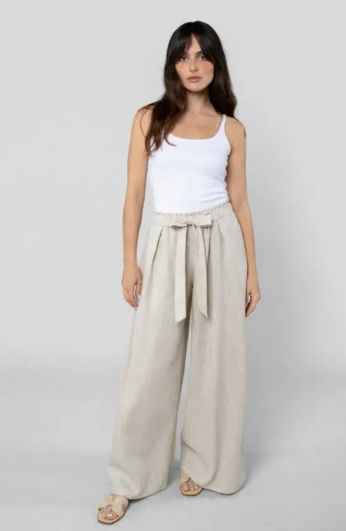 LEISURE LAB Linen High Rise Wide Leg Pants With Tie Waist - Oatmeal