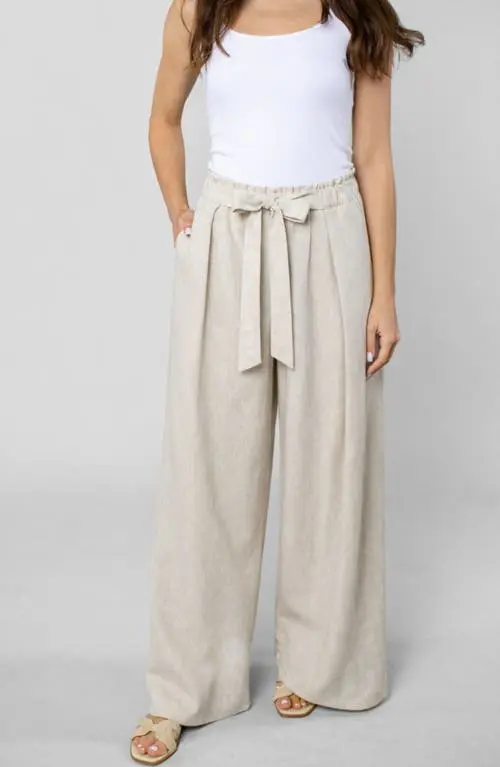 LEISURE LAB Linen High Rise Wide Leg Pants With Tie Waist - Oatmeal