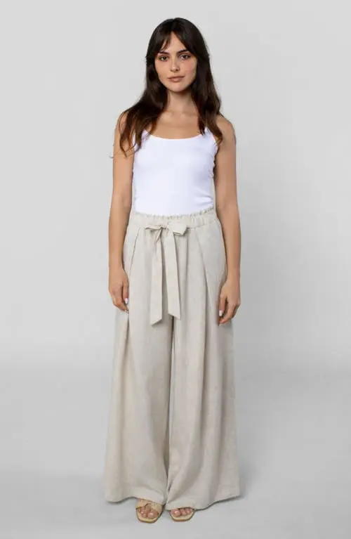 LEISURE LAB Linen High Rise Wide Leg Pants With Tie Waist - Oatmeal