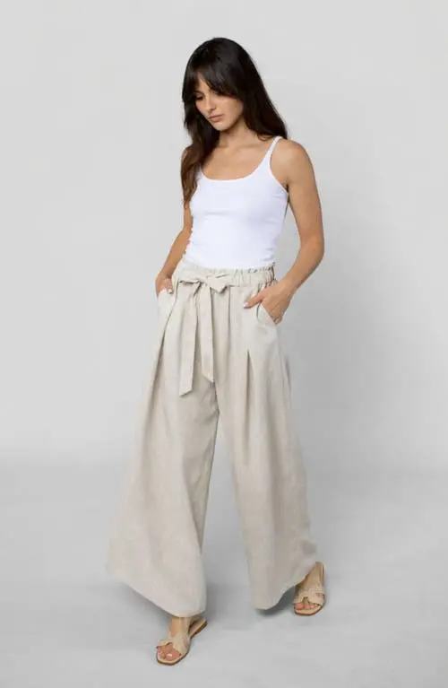 LEISURE LAB Linen High Rise Wide Leg Pants With Tie Waist - Oatmeal
