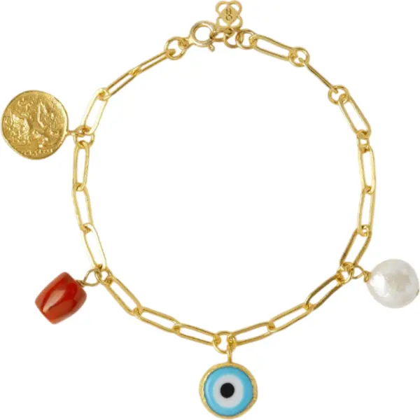 OTTOMAN HANDS Cornicello Evil Eye And Pearl Charm Bracelet - Gold