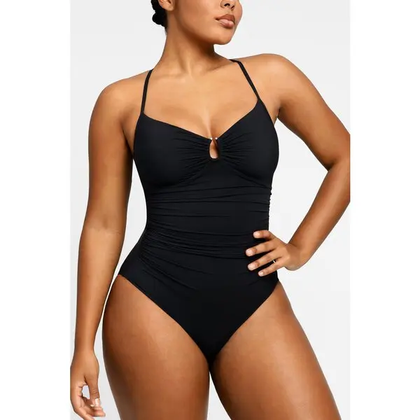 SHAPELLX U-ring Cut Out Ruched One-piece Swimsuit - Jet Black