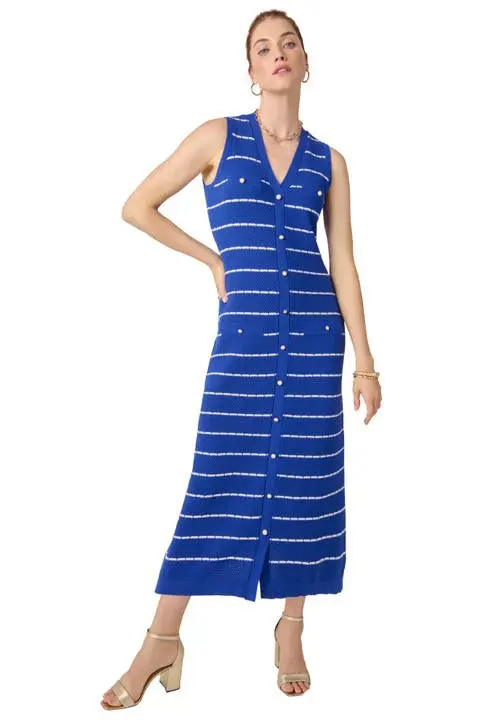 JESSICA LONDON Sleeveless Sweater Button Dress - Dark Sapphire White Stripe
