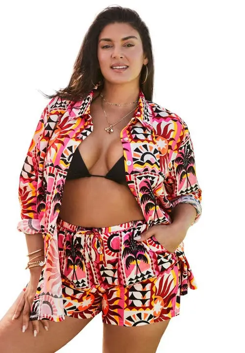 SWIMSUITS FOR ALL Cotton Beach Shirt Cover Up - Vita Boho Palms