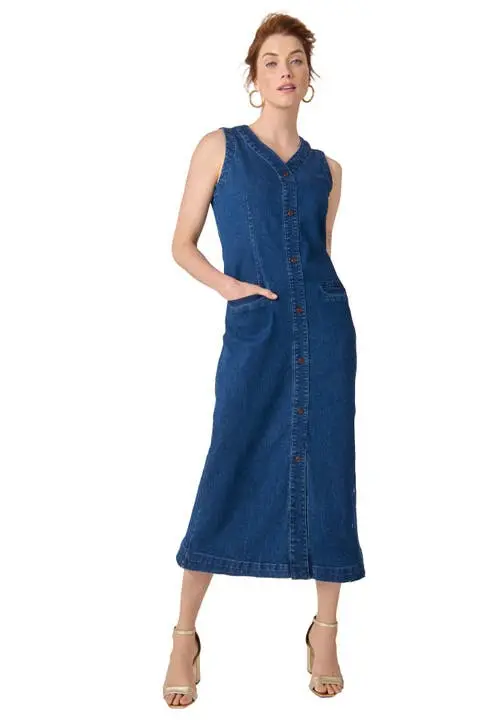 JESSICA LONDON Denim Button Midi Dress - Medium Stonewash
