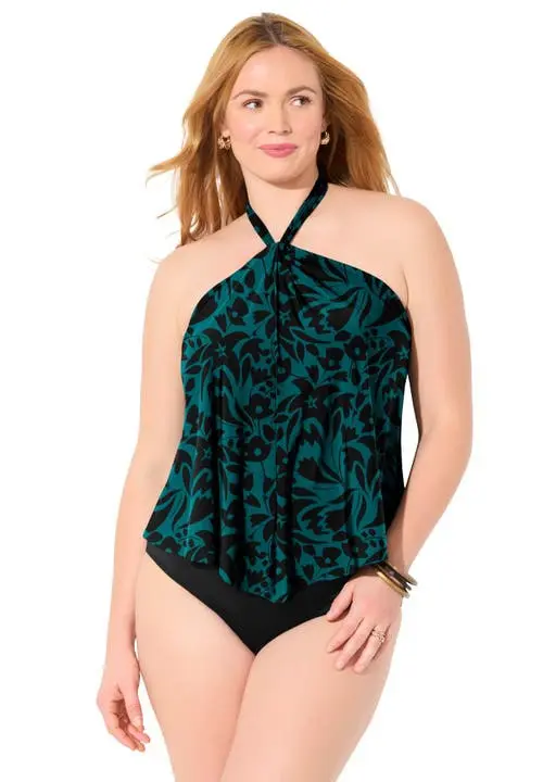 SWIMSUITS FOR ALL Lightweight Halter Tankini Top With Soft Knotted Tie - Black Mediterranian Flowers