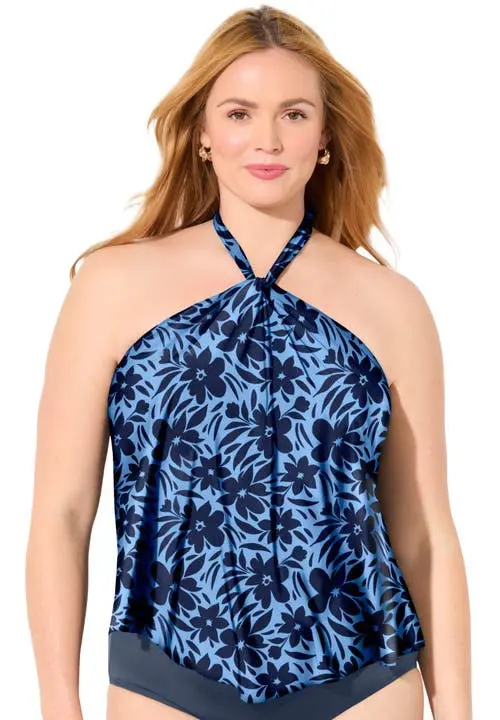 SWIMSUITS FOR ALL Halter Tankini Top - Navy Regatta Floral