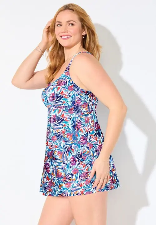 SWIMSUITS FOR ALL Flared Two Piece Swimdress - White Multi